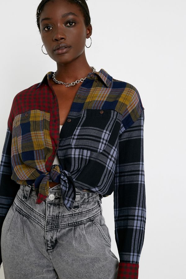 UO Corey Spliced Flannel Button-Through Shirt | Urban Outfitters UK