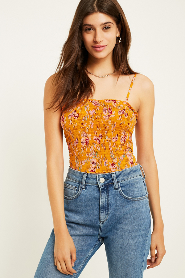 UO Mustard Floral Smocked Cami | Urban Outfitters UK