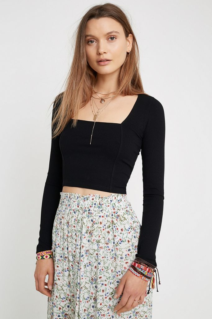 UO Square Neck Long-Sleeve Fitted Top | Urban Outfitters UK
