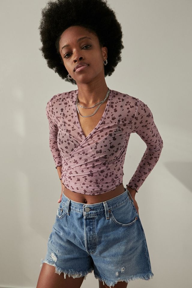 UO Long Sleeve Floral Mesh Wrap Top | Urban Outfitters UK