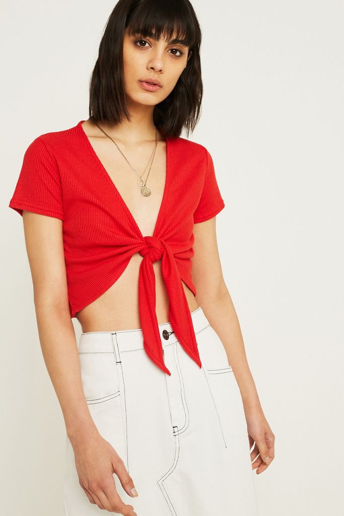 UO Tie-Front Rib-Knit Top | Urban Outfitters UK