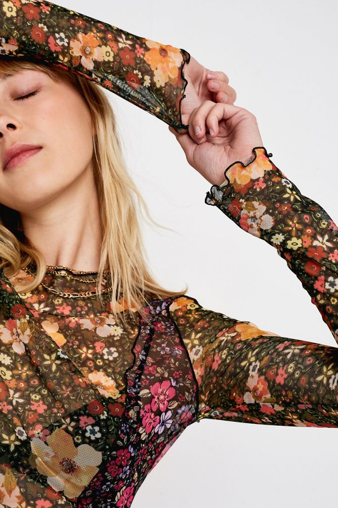 UO Floral Panelled Mesh Top | Urban Outfitters UK