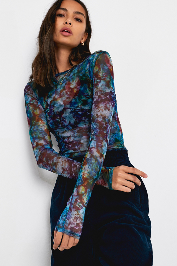 UO Blue Crystal Long-Sleeve Mesh Funnel Neck Top | Urban Outfitters UK