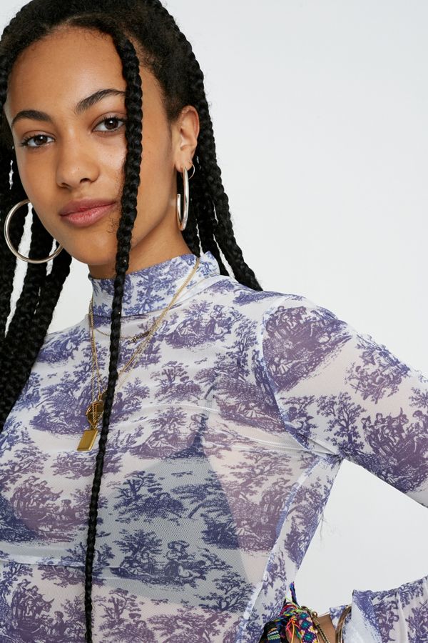 UO Toile De Jouy Mesh Funnel Neck Top | Urban Outfitters UK