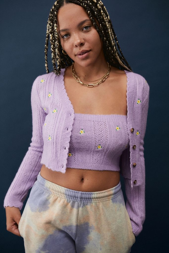 UO Embroidered Lavender Cardigan | Urban Outfitters UK