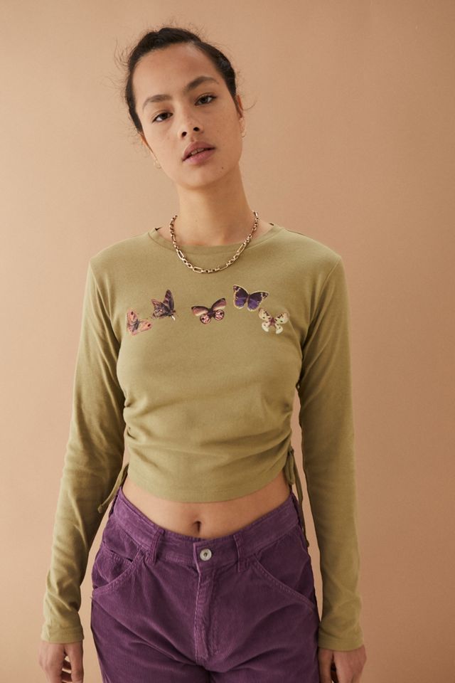 UO Long Sleeve Ruched Butterfly Top | Urban Outfitters UK