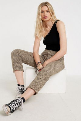 UO Tan Check Print Slim Cigarette Trousers | Urban Outfitters UK