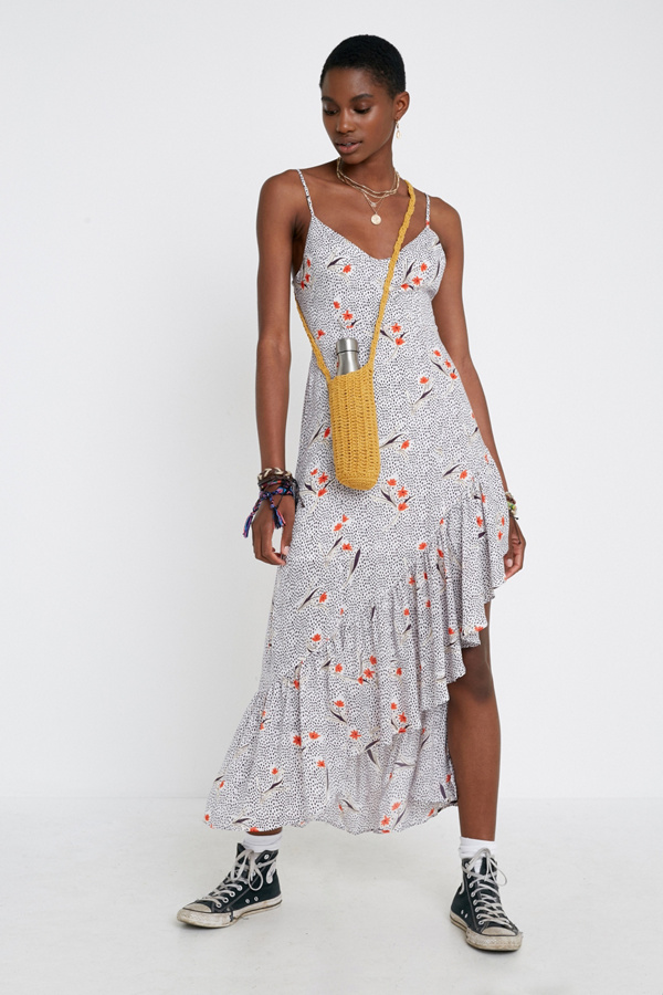 Uo Fireworks Printed Tie Back Ruffle Midi Dress Urban Outfitters Uk