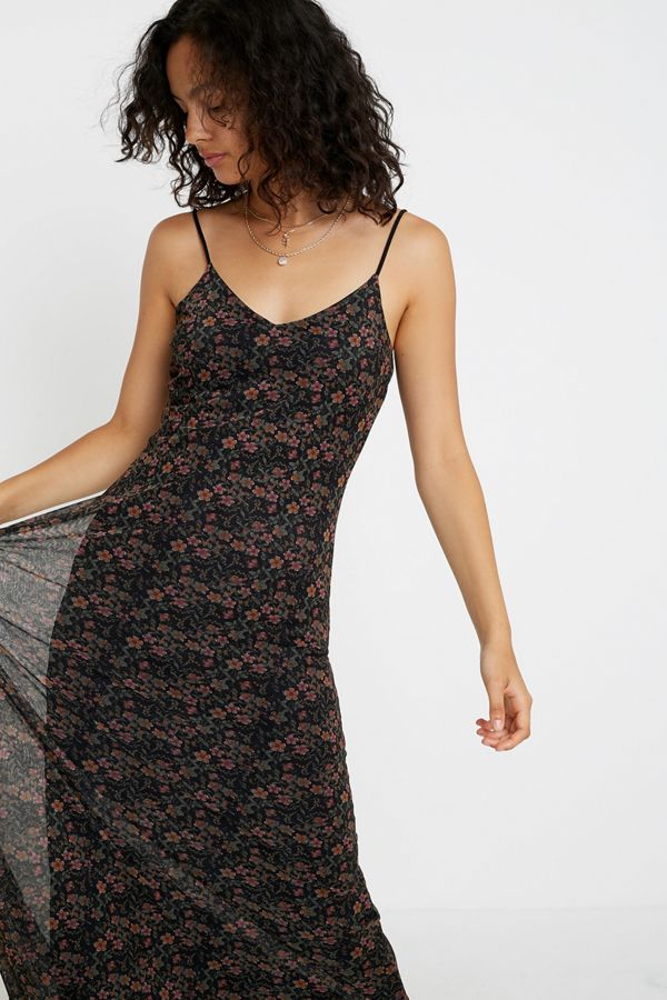 Uo Black Floral Mesh Maxi Dress Urban Outfitters Uk