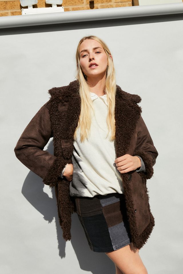UO Faux Shearling Brown Longline Coat | Urban Outfitters UK