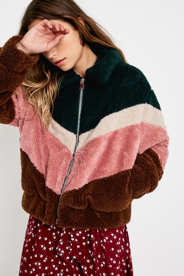 UO Pink Chevron Teddy Crop Jacket | Urban Outfitters UK