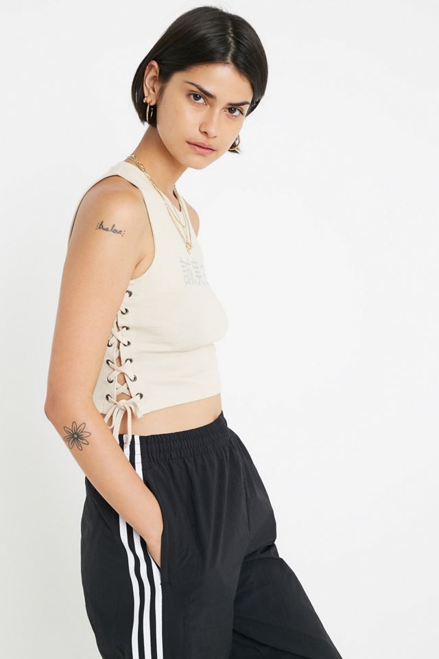 UO Text Print Lace-Up Vest | Urban Outfitters UK
