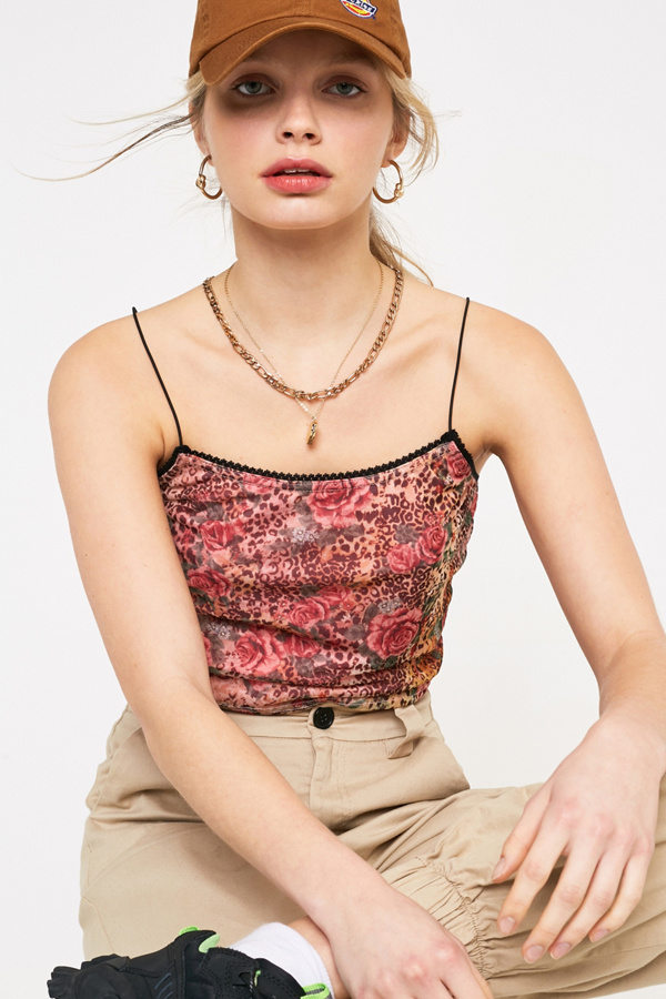 UO Leopard + Floral Print Mesh Cami | Urban Outfitters UK