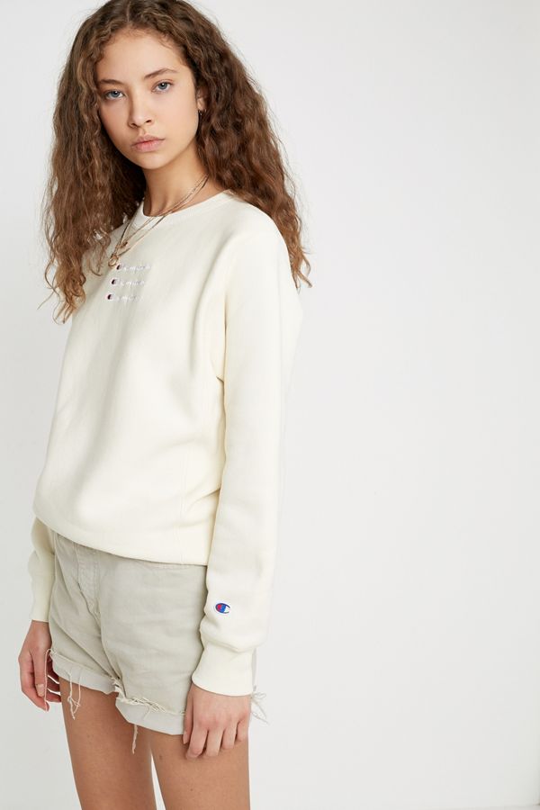 Champion UO Exclusive Ecru Triple Script Logo Crew Neck Sweatshirt ...
