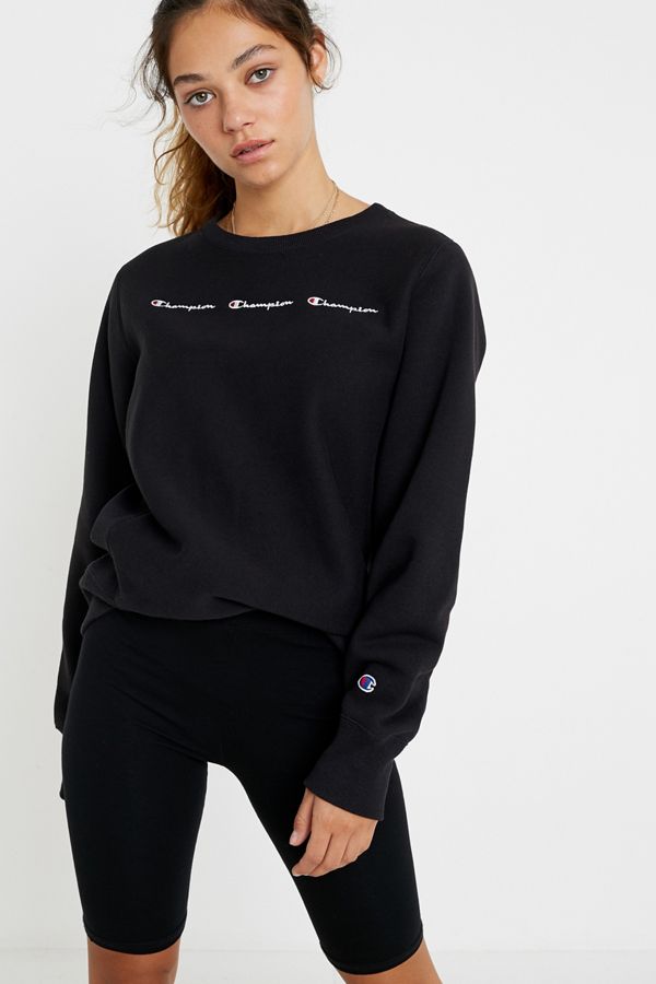 Champion UO Exclusive Black Triple Script Logo Crew Neck Sweatshirt ...