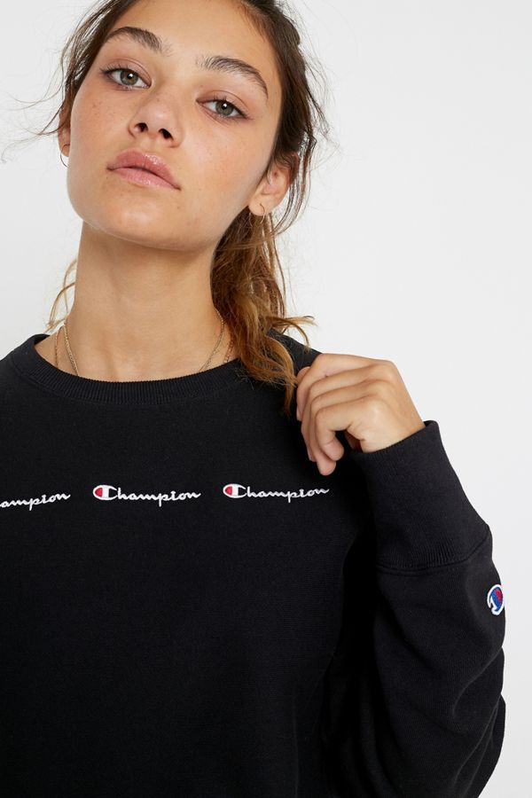 Champion UO Exclusive Black Triple Script Logo Crew Neck Sweatshirt ...