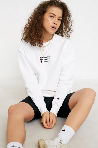 Champion UO Exclusive Triple Script Logo White Crew Neck Sweatshirt ...