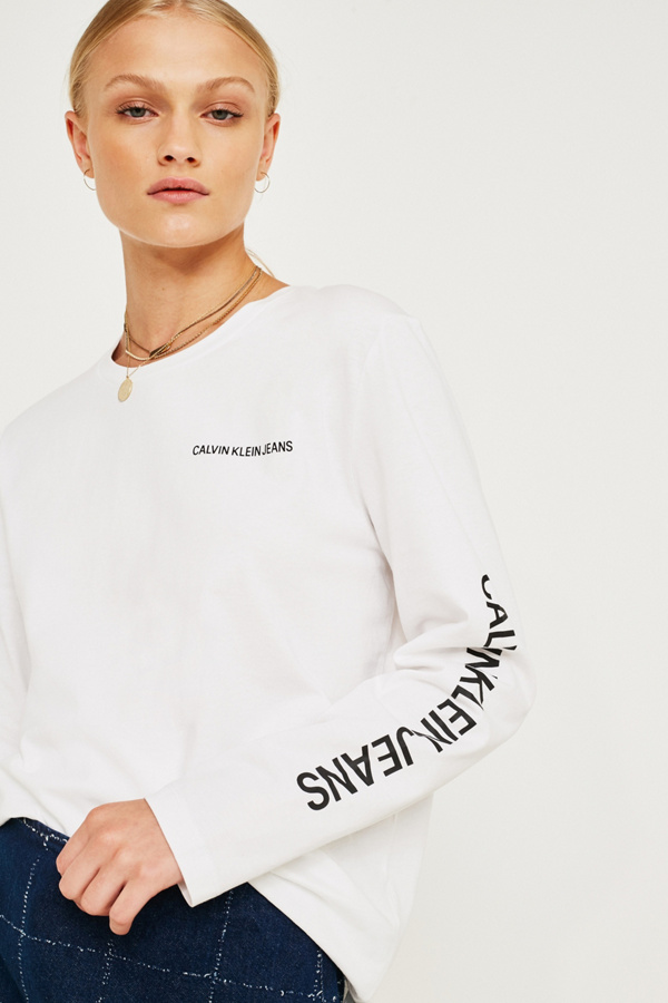 Calvin Klein Jeans White Relaxed Long Sleeve T Shirt Urban Outfitters Uk
