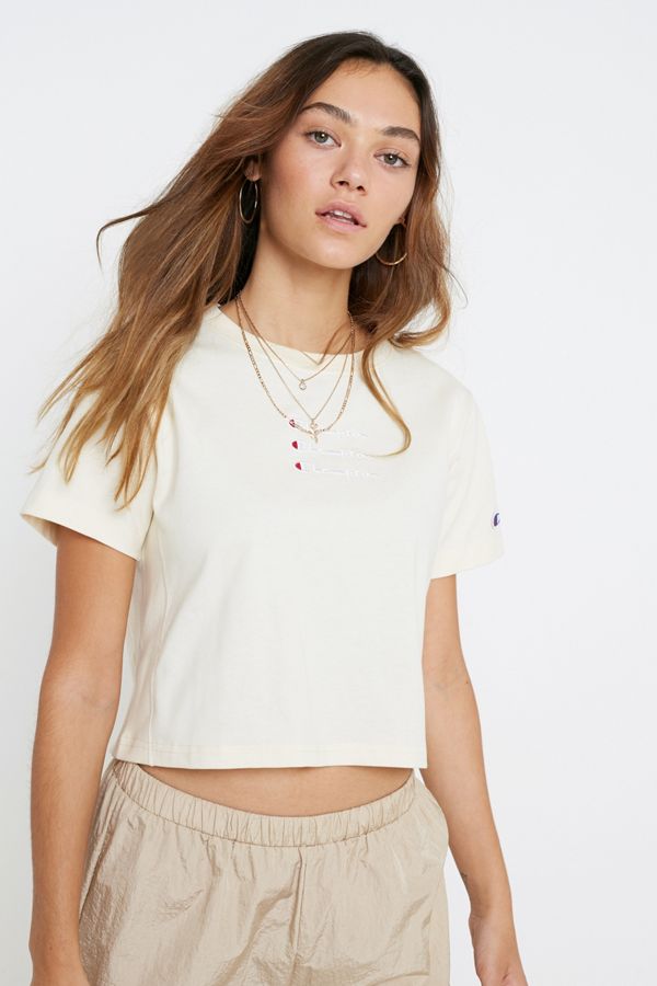 Champion UO Exclusive Triple Script Cream Cropped T-Shirt | Urban ...