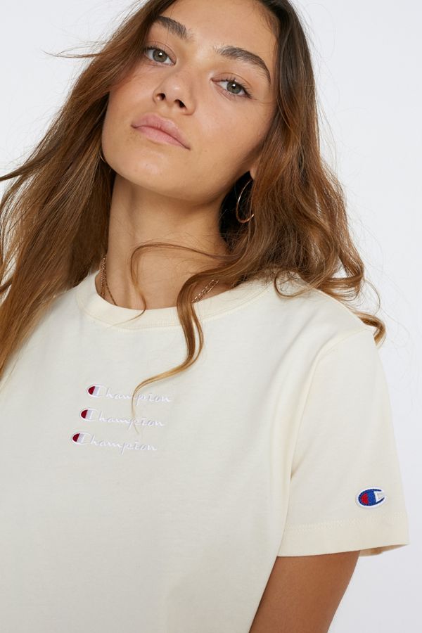 Champion UO Exclusive Triple Script Cream Cropped T-Shirt | Urban ...