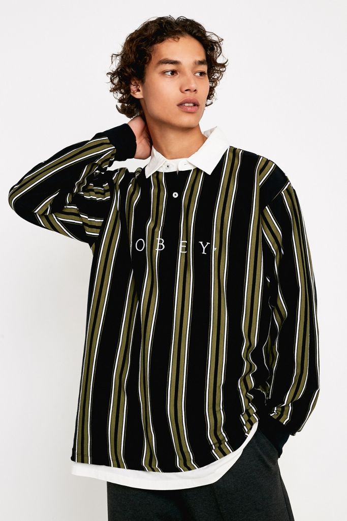 OBEY Black Striped Long-Sleeve Polo Shirt | Urban Outfitters UK