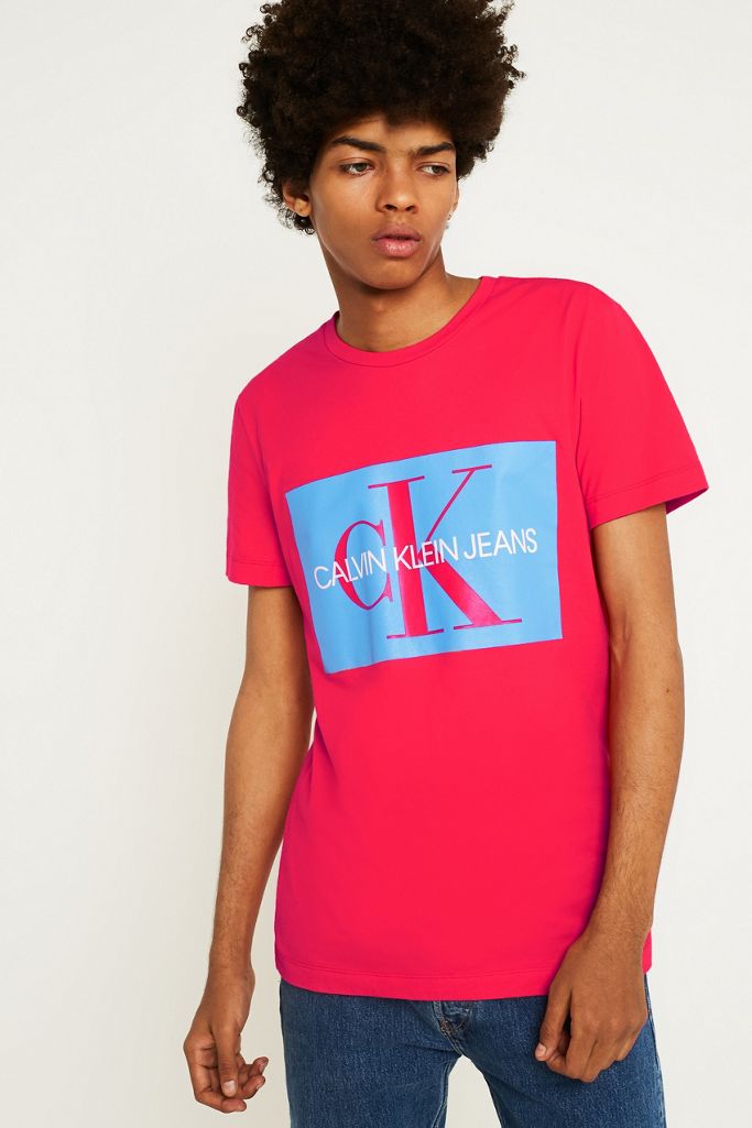 Calvin Klein Jeans Monogramed Box Logo Red T-Shirt | Urban Outfitters UK