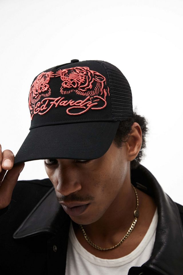 Ed Hardy Black Twillfront Mesh Trucker Hat | Urban Outfitters UK