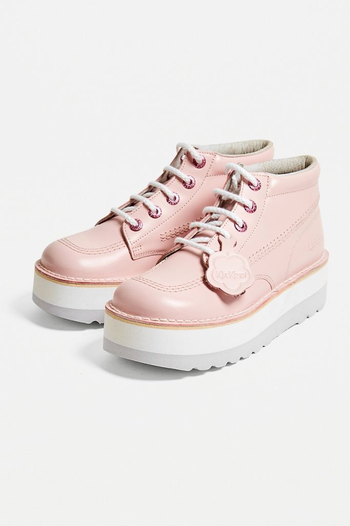 Kickers Hi Stack Pink Leather Boots | Urban Outfitters UK