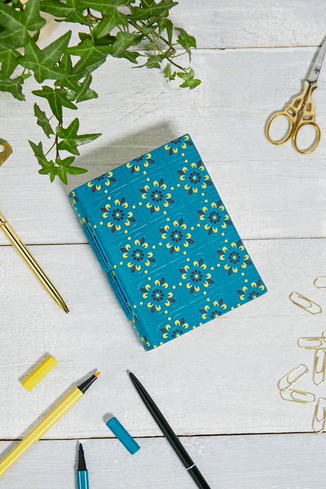 Handmade Teal Ditsy Tile Leather Notebook | Urban Outfitters UK