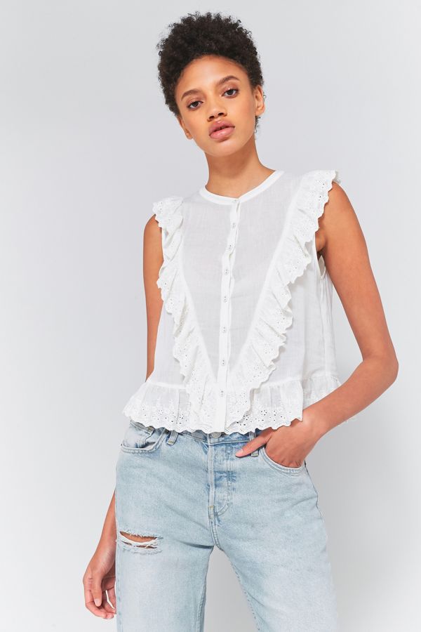 Pins & Needles Broderie Eyelet Ruffle Sleeveless Top | Urban Outfitters UK
