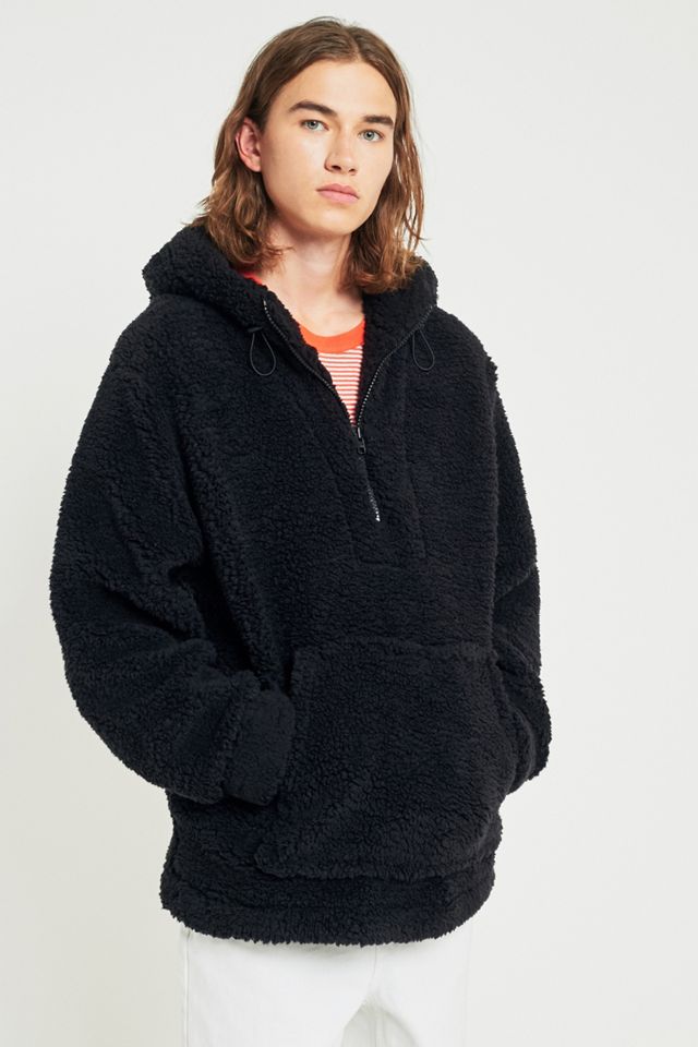 UO Black Teddy Half-Zip Pop Over Hoodie | Urban Outfitters UK