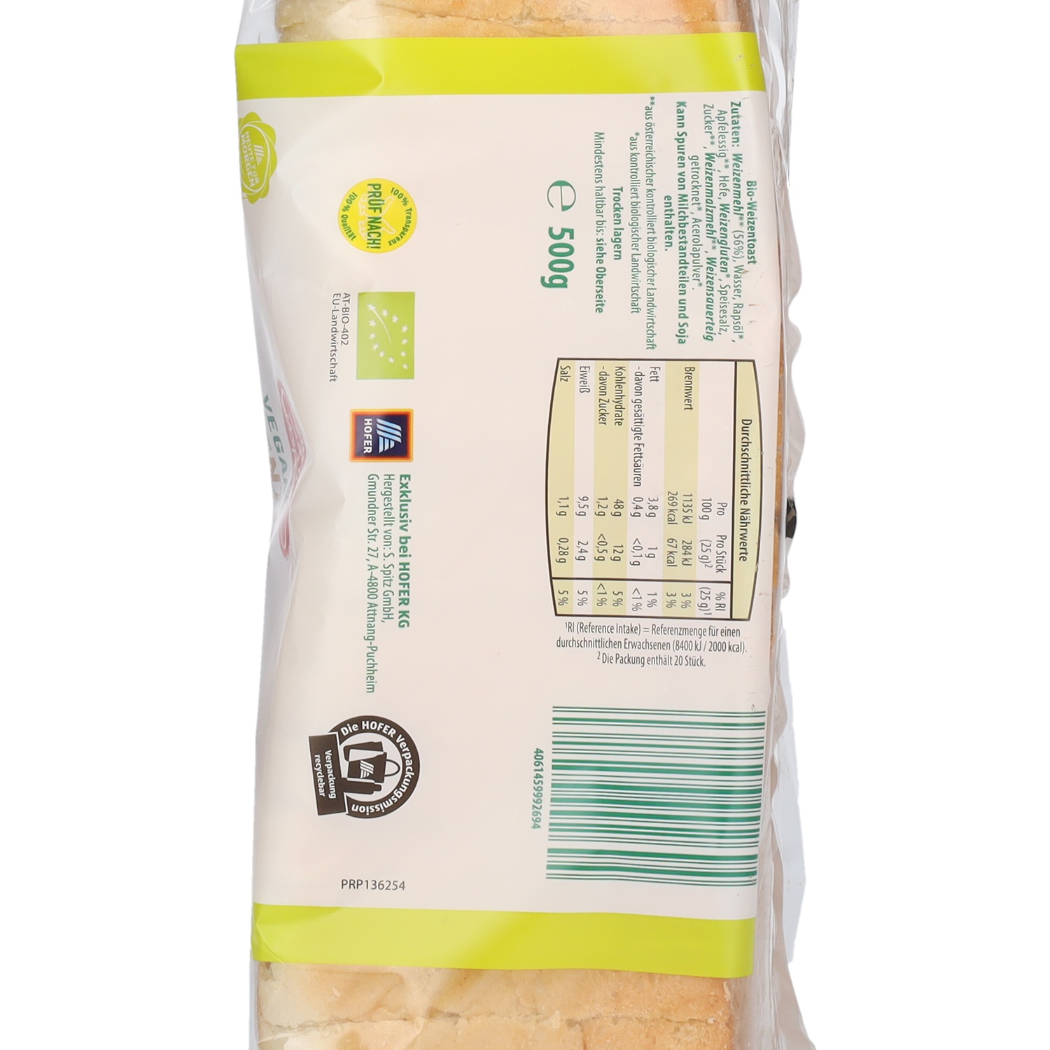 ZURÜCK ZUM URSPRUNG Toast Vegan, Weizen | HOFER